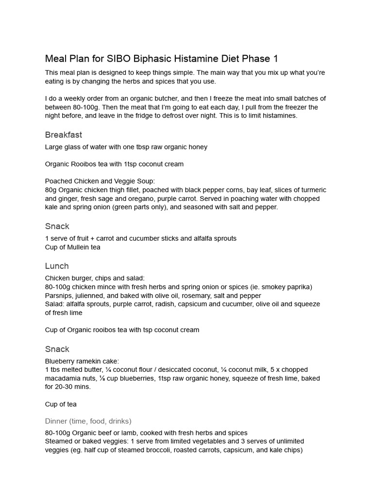 Meal Plan for SIBO Biphasic Histamine Diet Phase 1 | PDF
