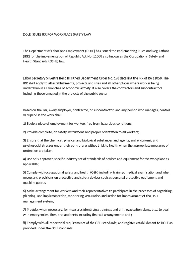 IRR of RA 11058 for Workplace Safety | PDF | Occupational Safety And ...