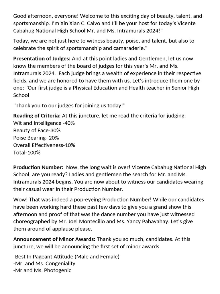 Emcee Script MR and Ms Intramurals | PDF | Performing Arts