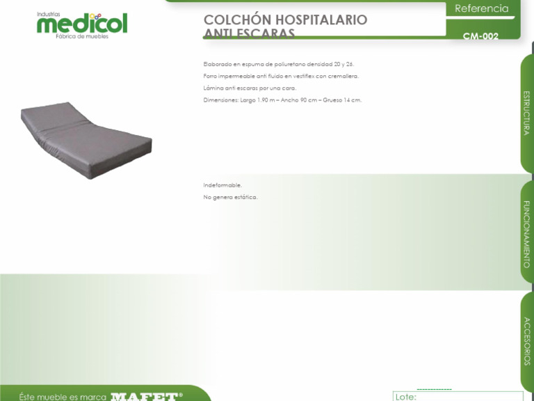 Colchón Hospitalario Anti Escaras 90x190 cm | PDF
