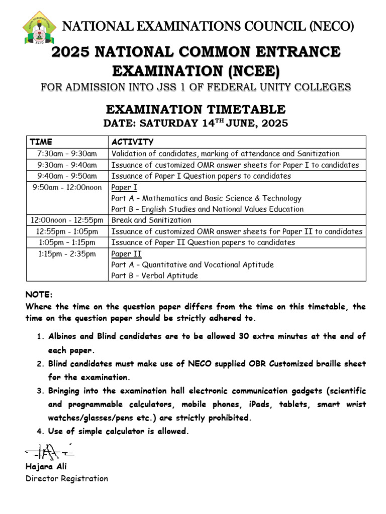2025 National Common Entrance Examination Timetable | PDF