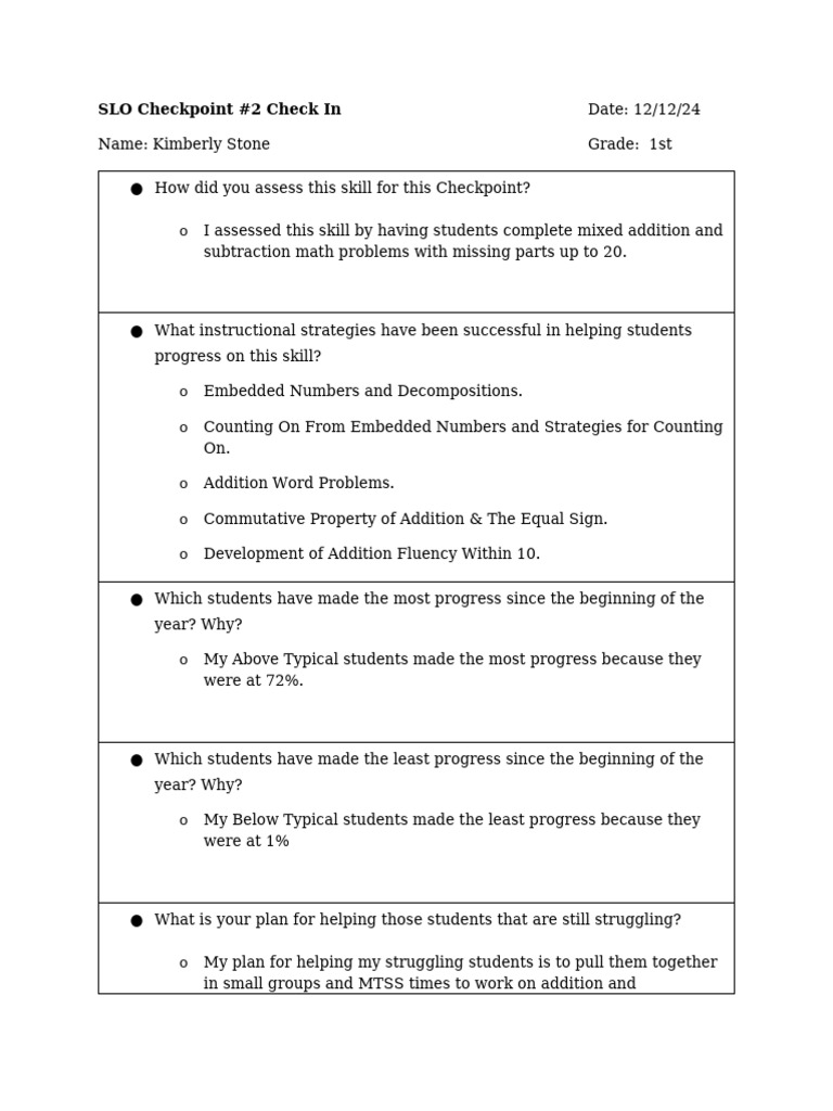 1st Grade SLO Checkpoint #2 Review | PDF