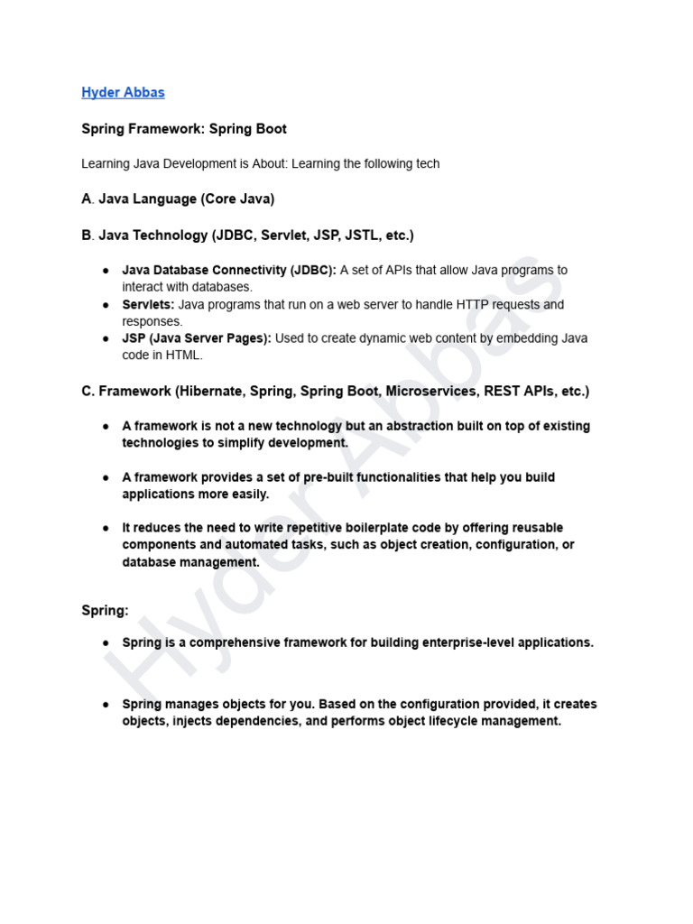 Spring Framework 6 Spring Boot 3 Notes Part1 Hyder Abbas Pdf Spring Framework Java