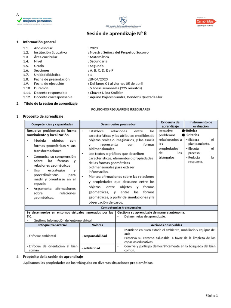 2023 S2 Matema Ud1 Sa8 Triángulos | PDF | Aprendizaje | Enseñando