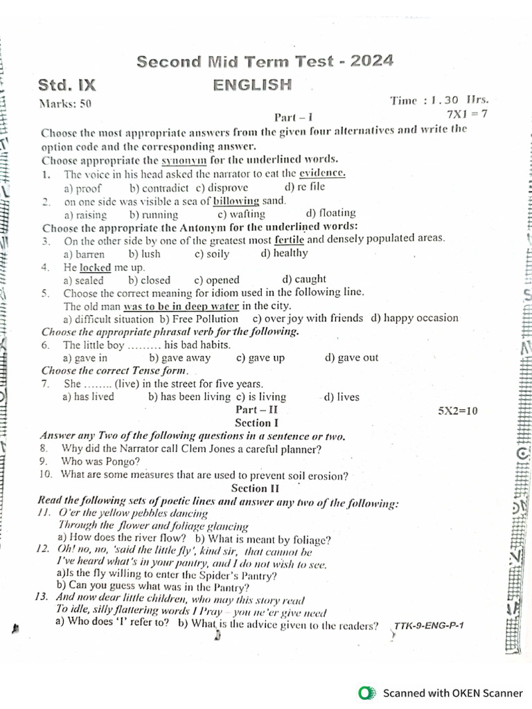 9th English 2nd Mid Term Exam 2024 Original Question Paper ...