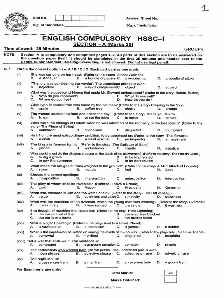 HSSC-1 English Past Papers MCQs | PDF
