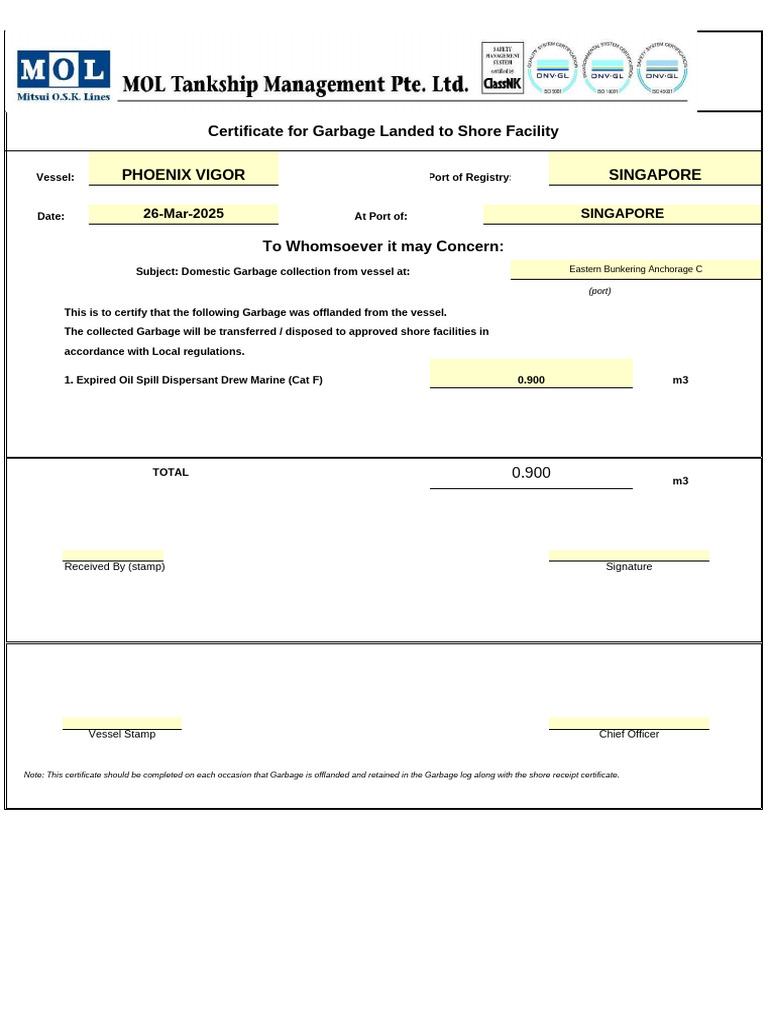 Garbage Disposal Certificate for Vessel | PDF