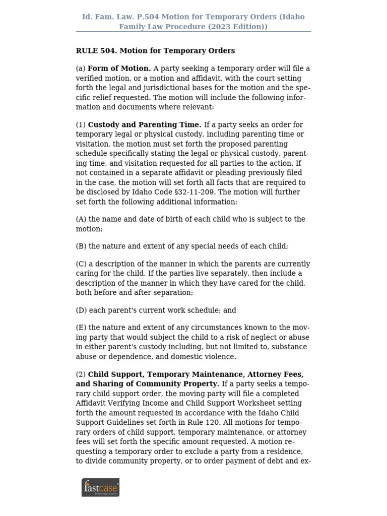 Id Fam Law P504 Motion For Temporary Orders Idaho Family Law Procedure 2023 Edition | PDF ...