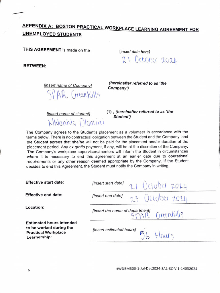 Boston Workplace Learning Agreement | PDF | Occupational Safety And Health