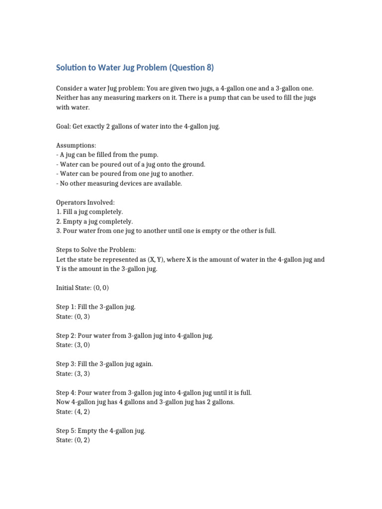 Water Jug Problem Solution | PDF