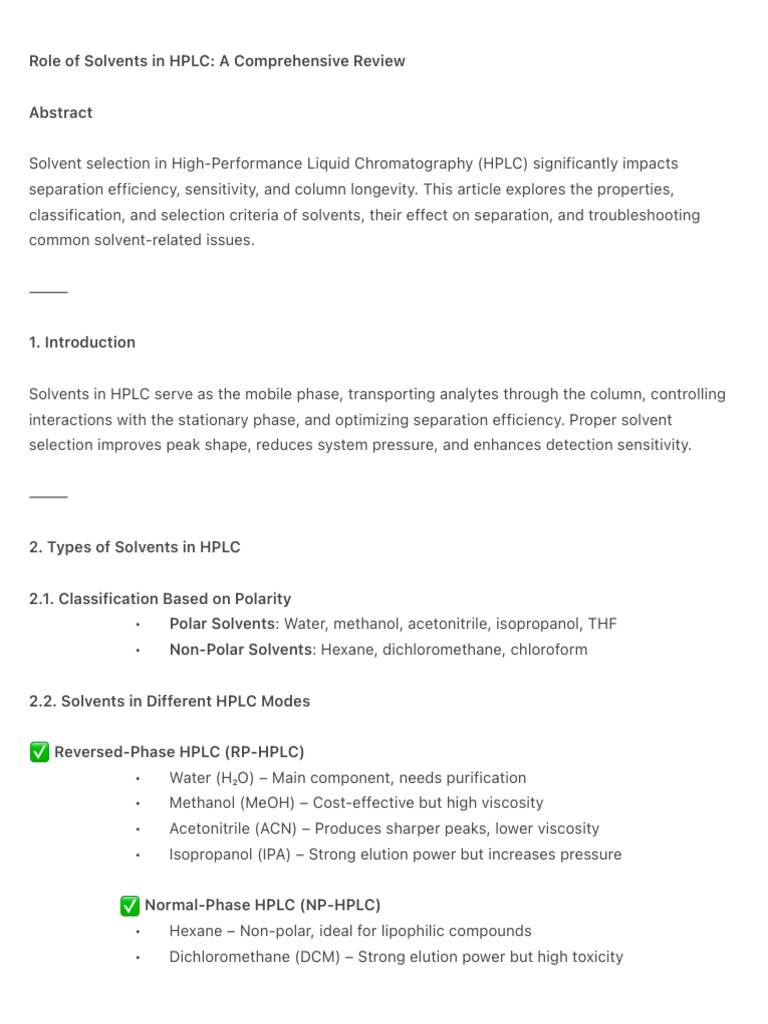 Role of Solvents in HPLC 1743767190 | PDF | High Performance Liquid ...