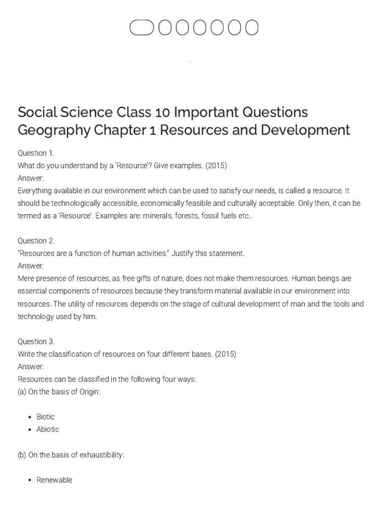 Social Science Class 10 Important Questions Geography Chapter 1 Resources and Development ...