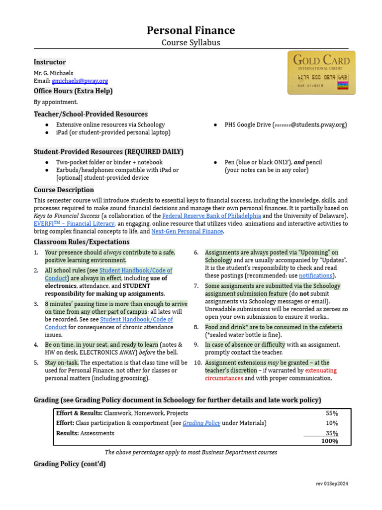 PHS Personal Finance Syllabus - 2024-25 | PDF | Academic Integrity ...