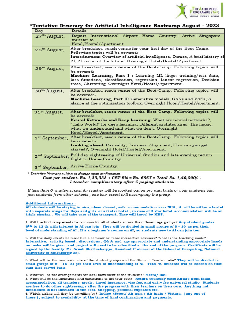 Itinerary For Artificial Intelligence Bootcamp August 2023 With FAQ's - I | PDF | Artificial ...