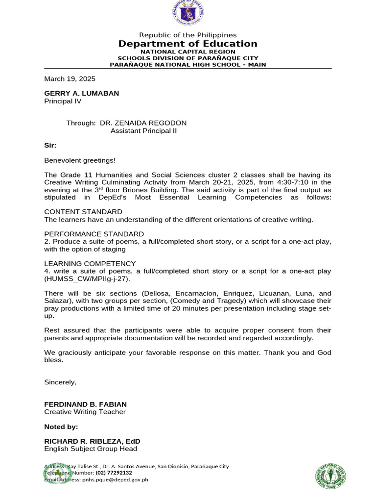 Creative Writing Culminating Activity Letter | PDF