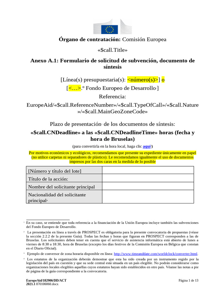 Anexo A1. Formulario de Subv-Doc Sintesis (Es) | PDF | Comisión Europea ...