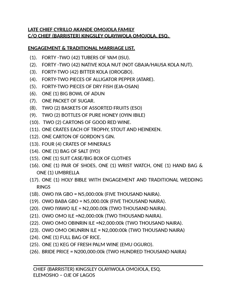 Traditional Marriage List | PDF