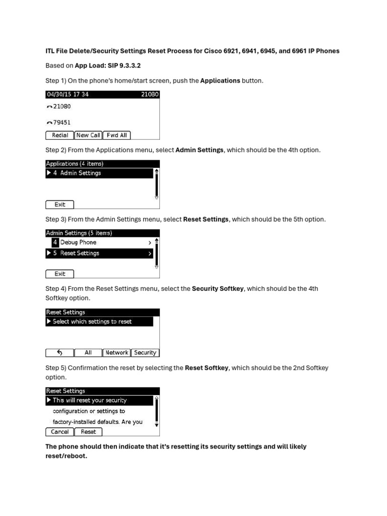Eliminar ITL File Security Reset Process For Cisco 6921, 6941, 6945 ...