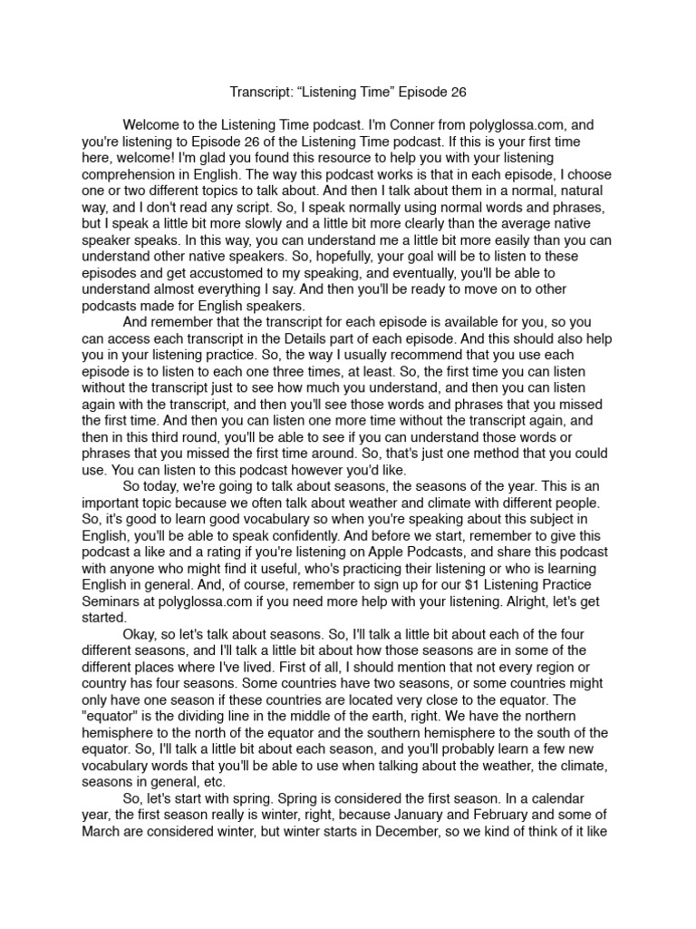 Episode 26 Transcript - Listening Time | PDF | Podcast | Spring (Season)