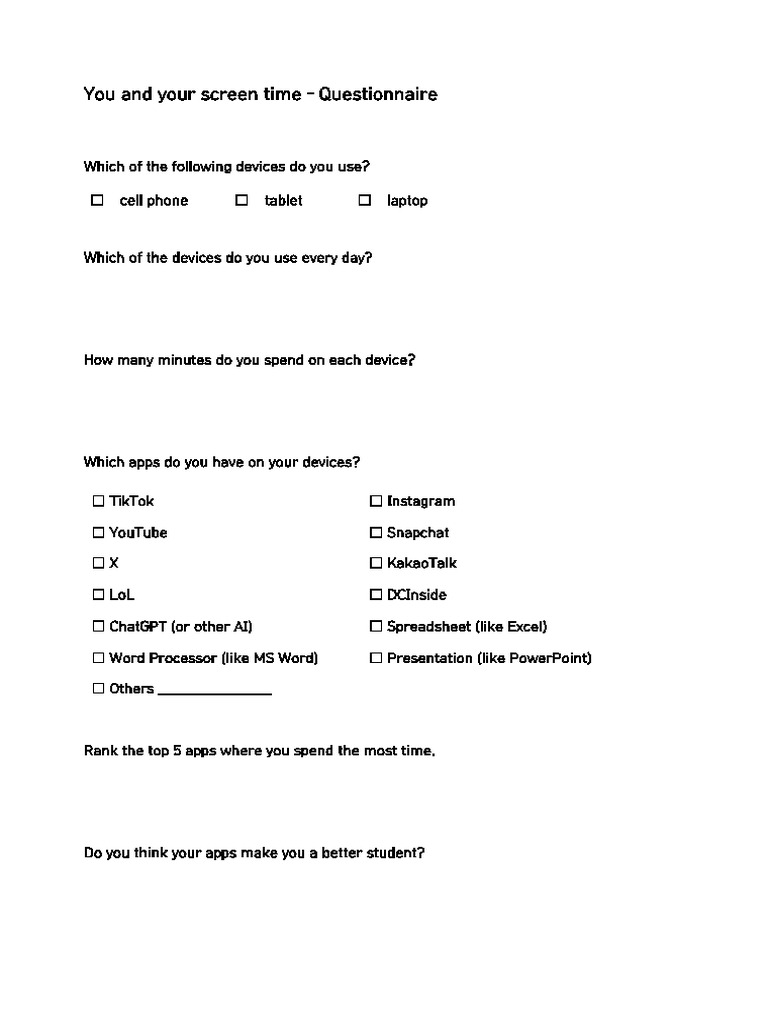 Screen Time Questionnaire for Students | PDF