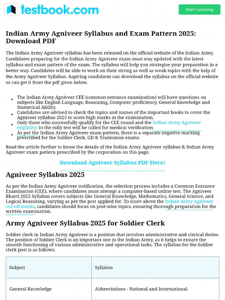 Indian Army Agniveer Syllabus and Exam Pattern 2025 - Download PDF | PDF