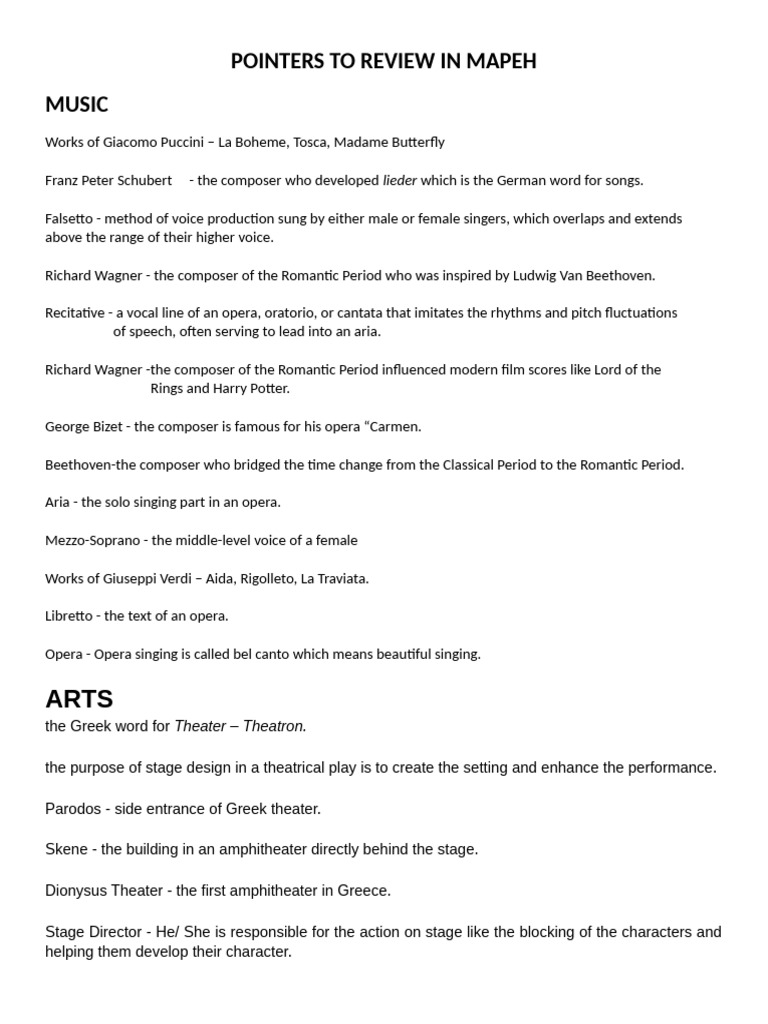 Pointers To Review in Mapeh | PDF | Opera | Romantic Music