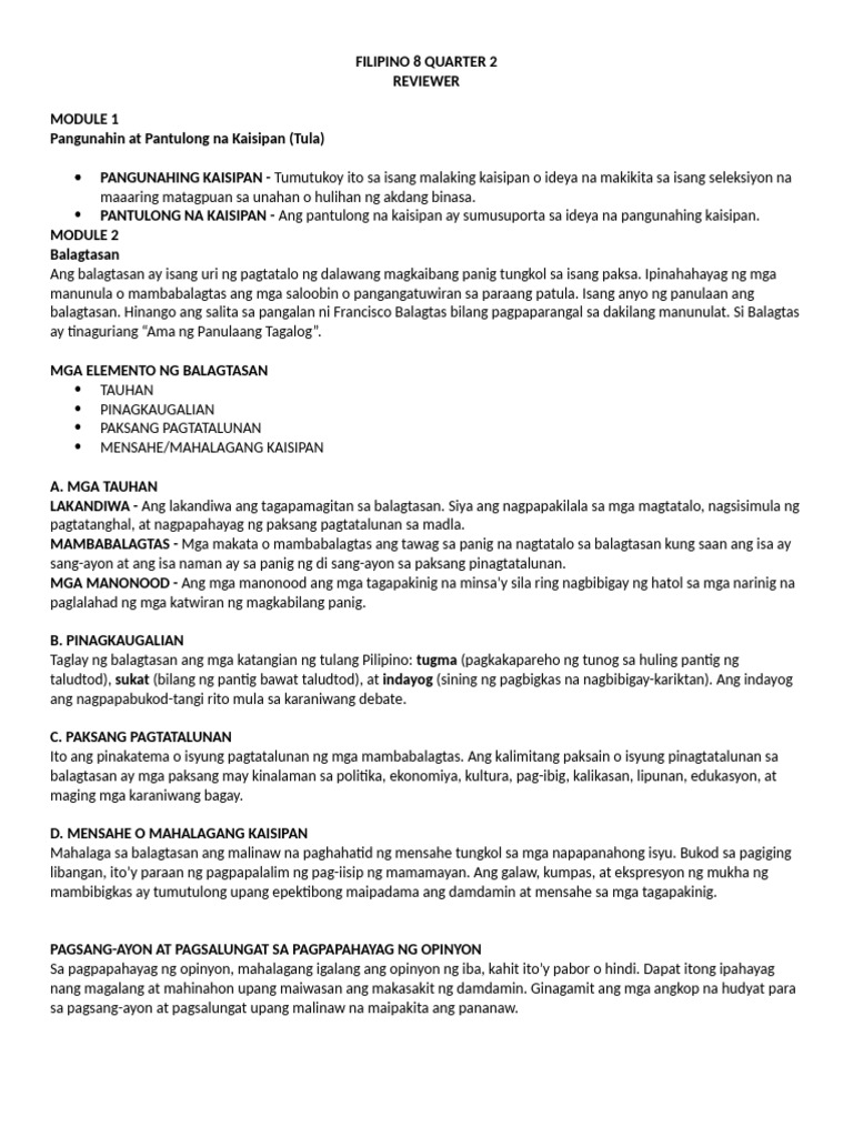 Filipino 8 Quarter 2 Reviewer | PDF