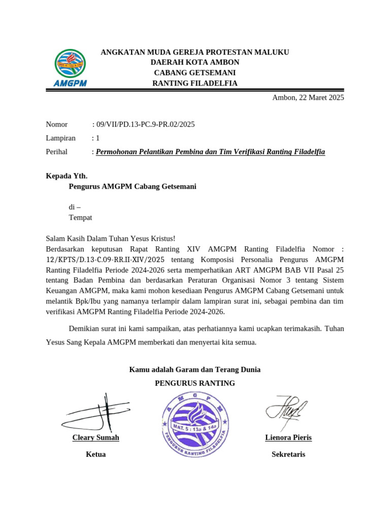 Surat Permohonan Pelatikan Pembina Dan Tim Verifikasi Ranting Filadelfia | PDF