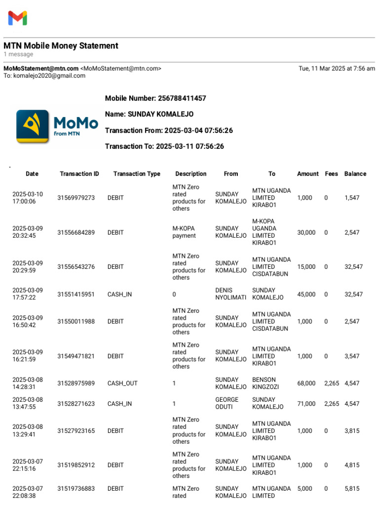 Gmail - MTN Mobile Money Statement | PDF | Debit Card | Payments