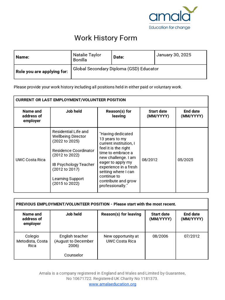Amala Recruitment - Work History Form | PDF