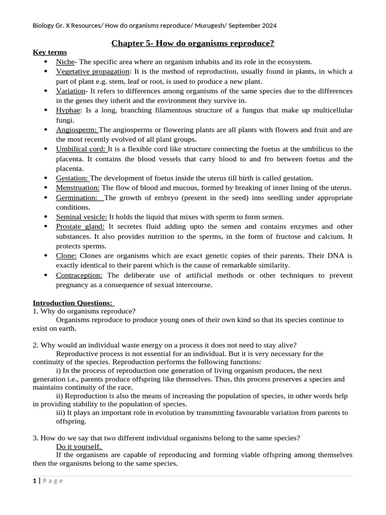 Bio - Gr. X - Ch. 07-How Do Organisms Reproduce - Possible Questions ...