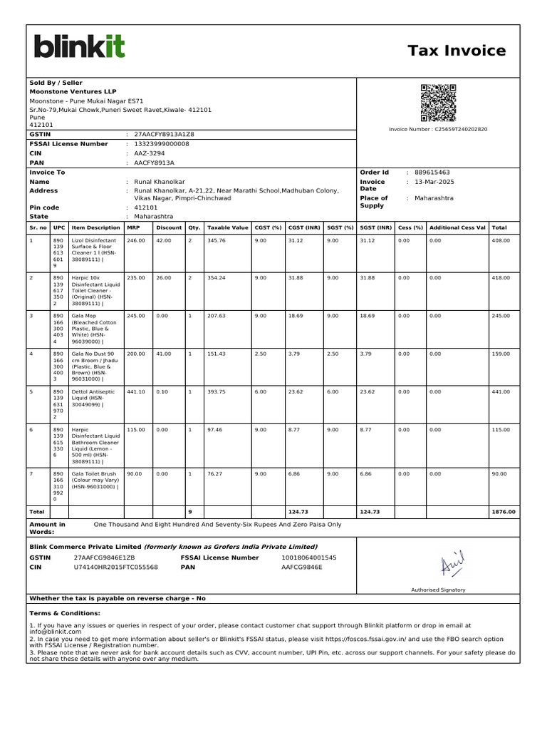 Tax Invoice for Moonstone Ventures LLP | PDF | Economy Of India