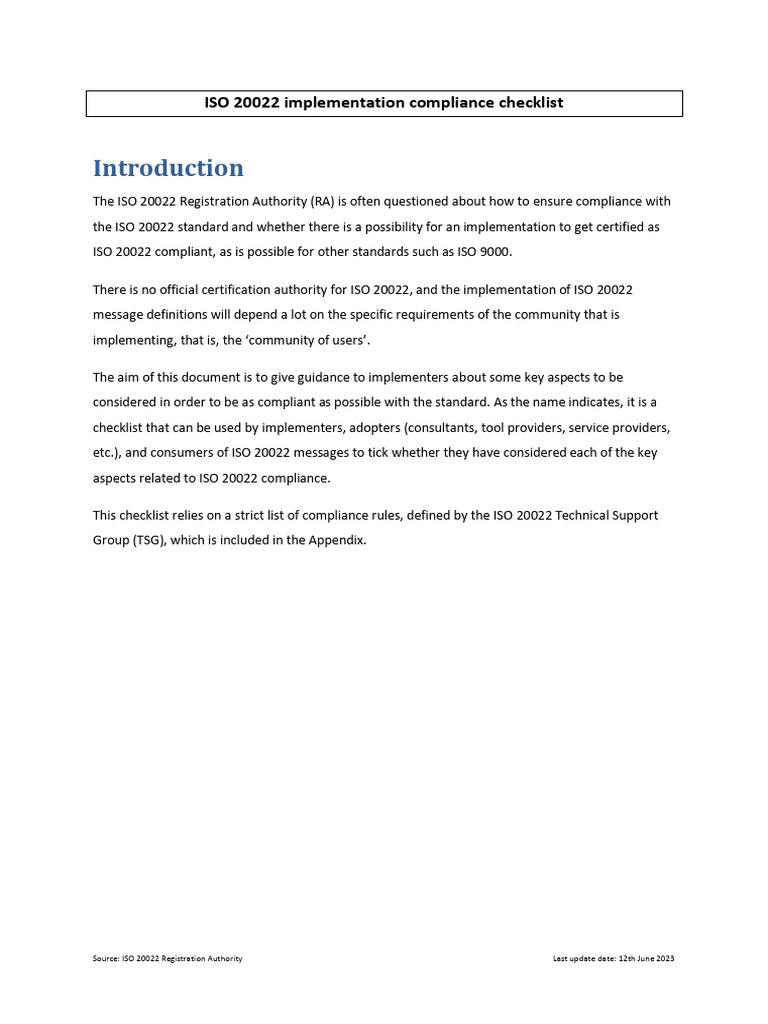 ISO 20022 Compliance Checklist Guide | PDF | Xml Schema | Xml