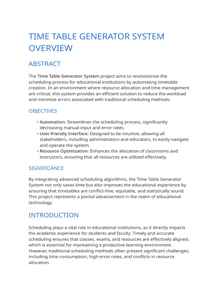 Time Table Generator System Overview | PDF | Databases | Class ...