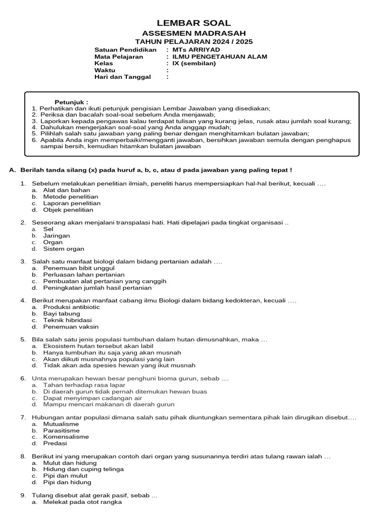 Soal Try Out Ipa MTS 2025 | PDF