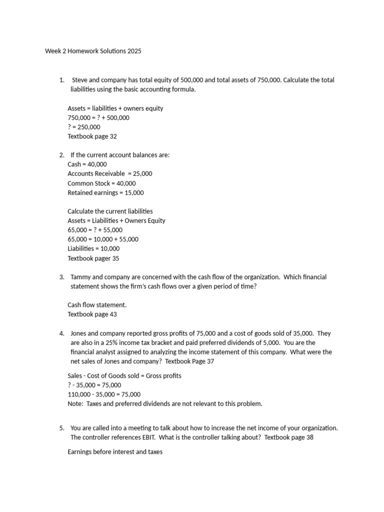 Week 2 Accounting Homework Solutions | PDF | Equity (Finance) | Dividend