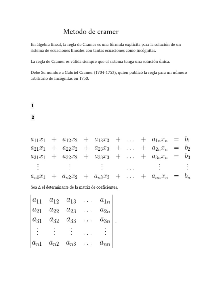 Metodo de Cramer | PDF | Sistema de ecuaciones lineales | Ecuaciones