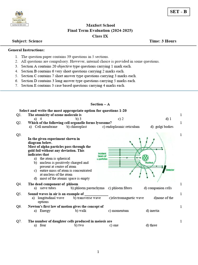 Final Term Class 9 Set B Final | PDF | Cell (Biology) | Force