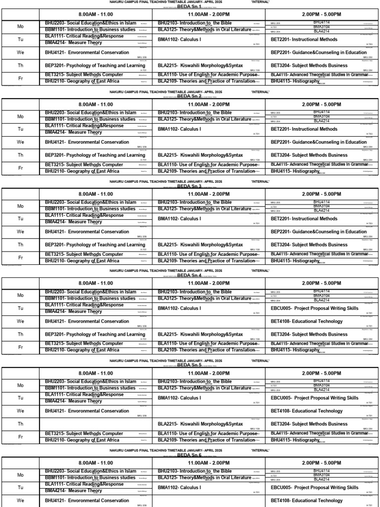 Nakuru Campus Final Teaching Timetable January-April 2025 Updated 1 | PDF | Learning | Liberal ...