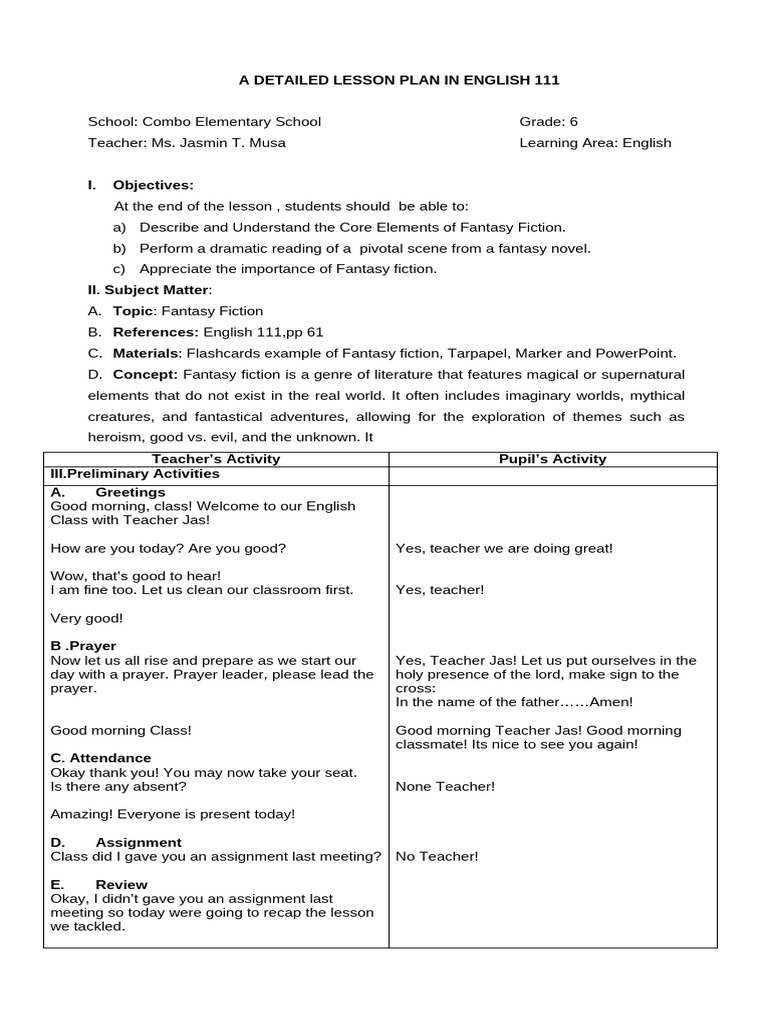 Fantasy Fiction Lesson Plan for Grade 6 | PDF | Fantasy | Aslan