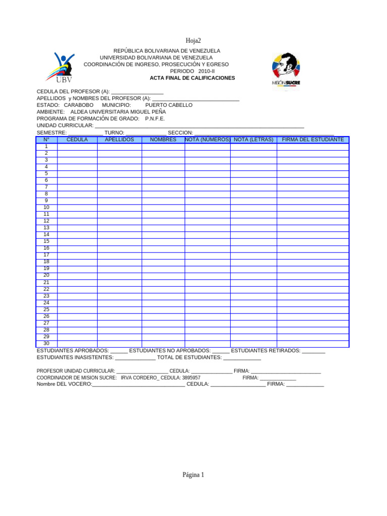 Formato Acta de Nota Ubv 2011 | PDF