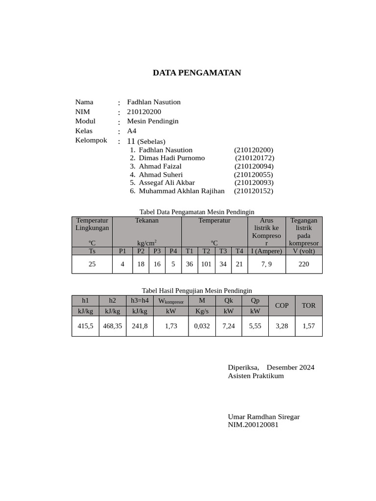 Data Pengamatan Mesin Pendingin | PDF
