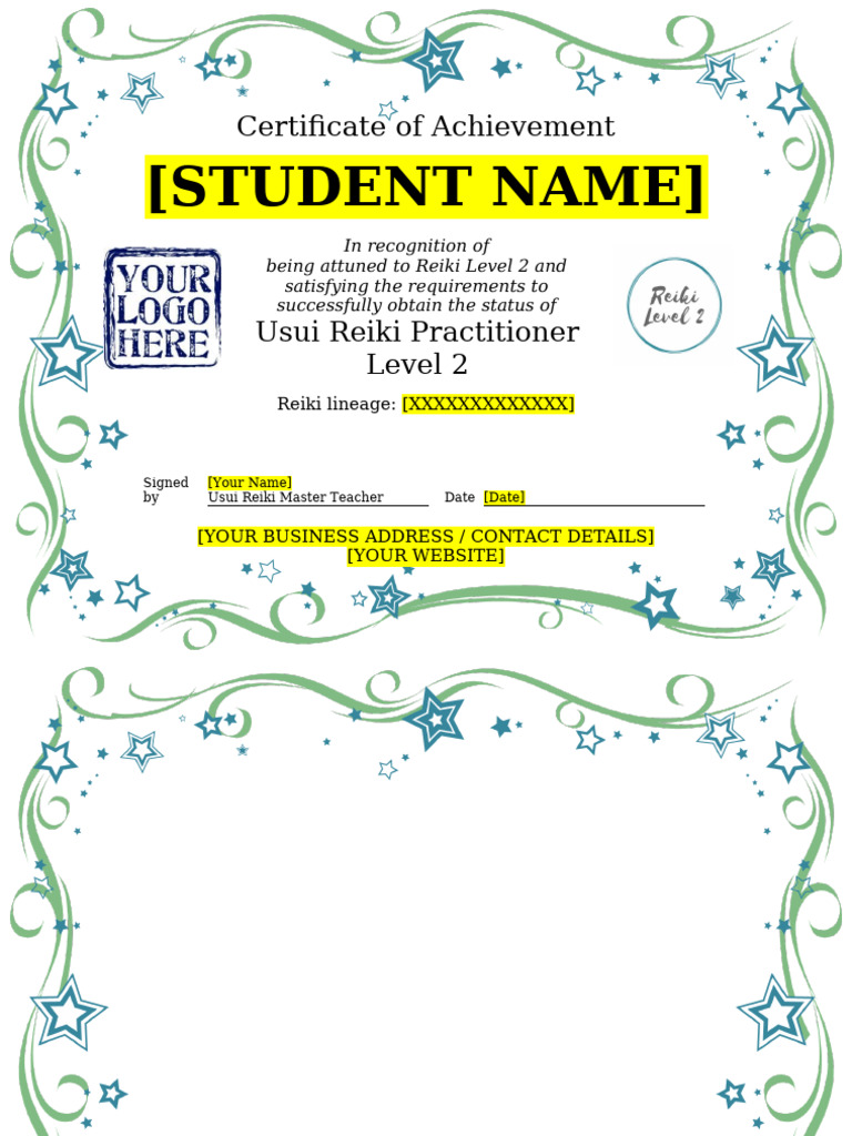 Reiki Certificate Example 2 - PLEASE EDIT | PDF