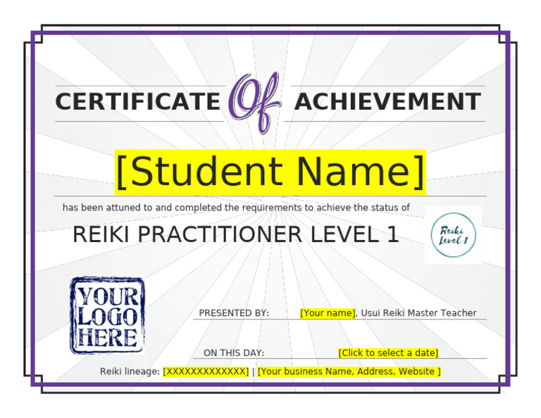 Reiki Certificate Example 1 - PLEASE EDIT | PDF