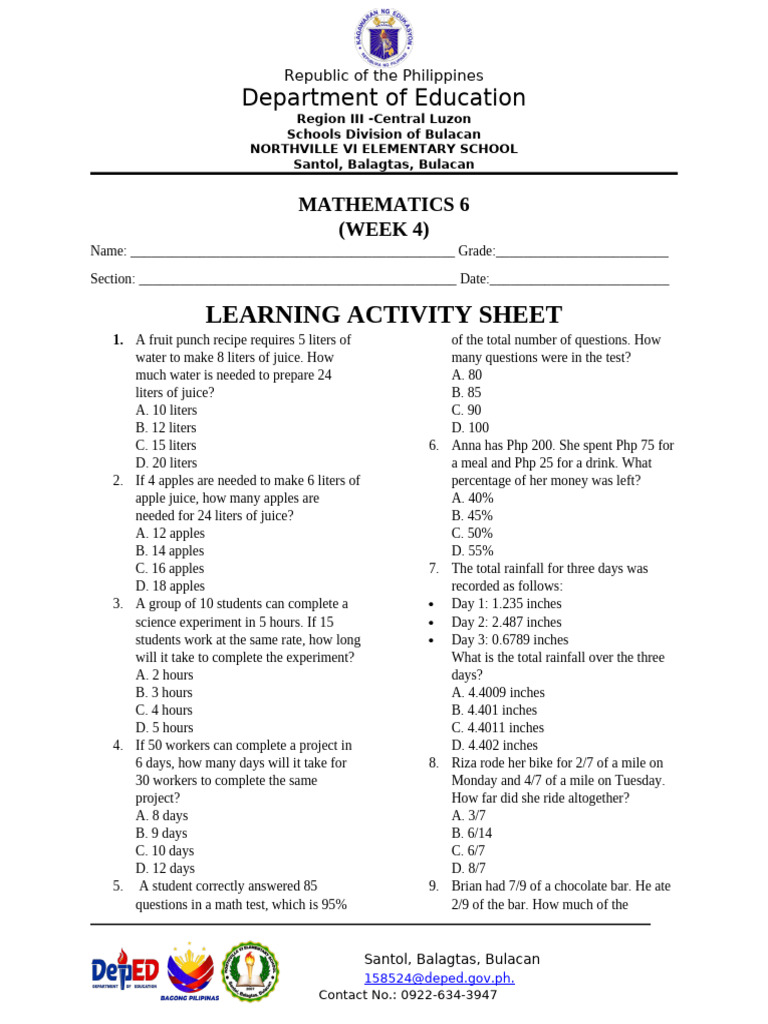 Mathematics 6 Las Sample | PDF | Mathematics