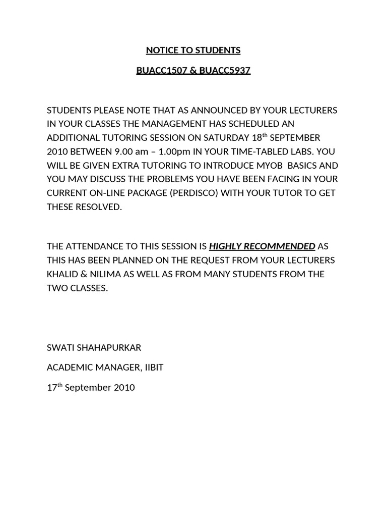 Notice To Students-Myob Tutorial | PDF