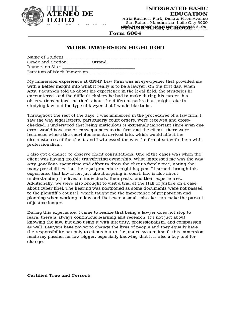 6004 Work Immersion Highlight | PDF | Justice | Crime & Violence