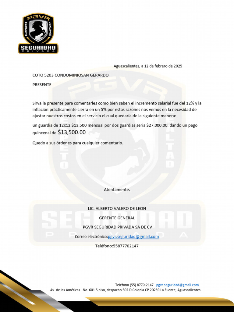 Carta de Incremento San Gerardo | PDF