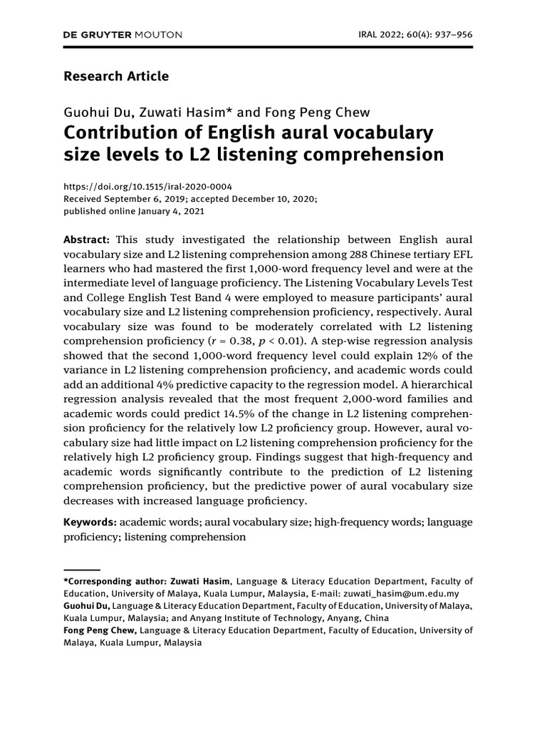 Contribution of English Aural Vocabulary Size Levels To L2 Listening ...