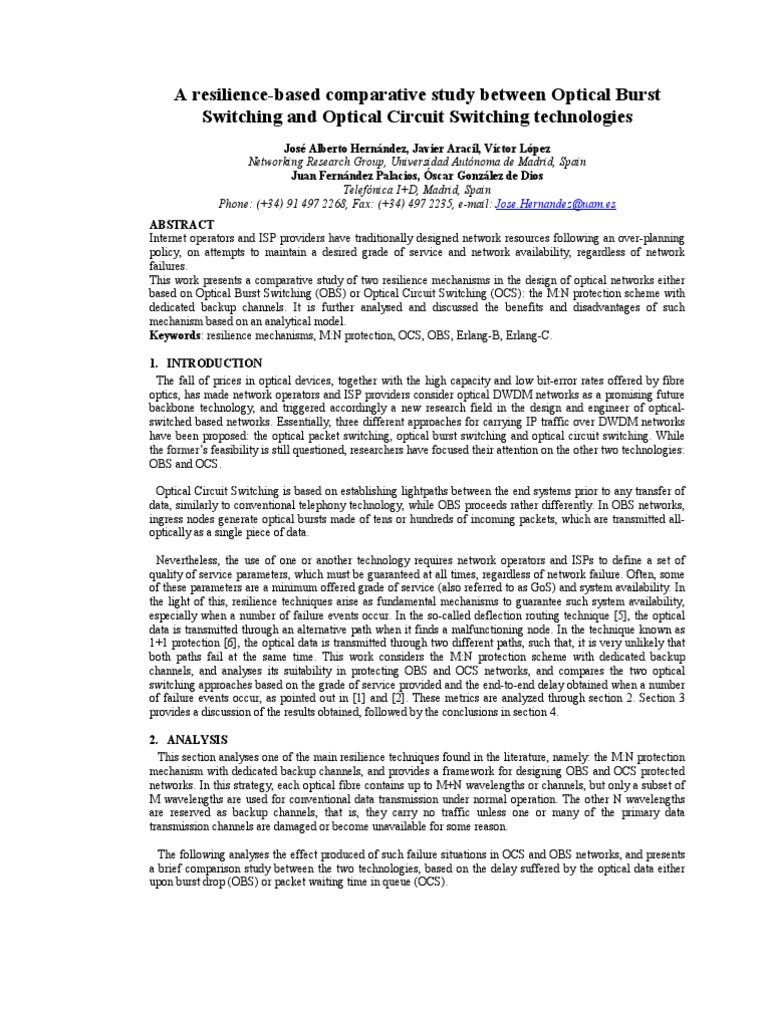 A Resilience-Based Comparative Study Between Optical Burst Switching and Optical Circuit ...